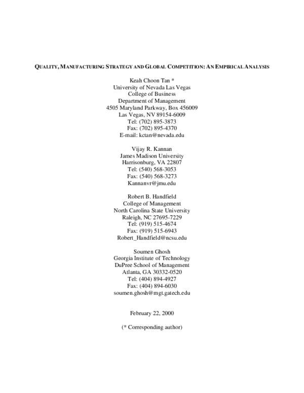 (PDF) Quality, manufacturing strategy, and global competition | Vijay ...
