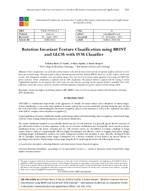 Pdf Rotation Invariant Texture Classification Using Brint And Glcm With Svm Classifier