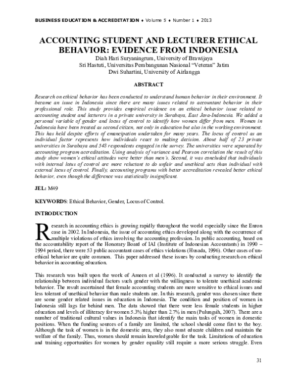 (PDF) Accounting Student and Lecturer Ethical Behavior: Evidence from Indonesia