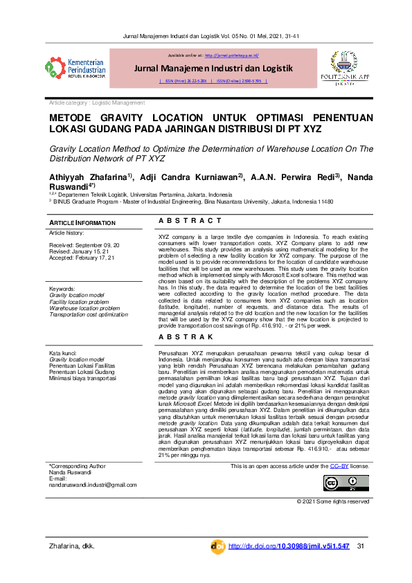 (PDF) Metode Gravity Location Untuk Optimasi Penentuan Lokasi Gudang ...