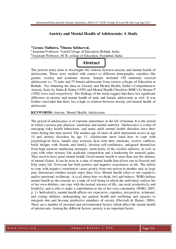 (PDF) Anxiety and Mental Health of Adolescents: A Study