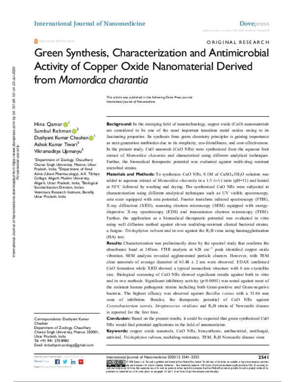 (PDF) Green Synthesis, Characterization and Antimicrobial Activity of Copper Oxide Nanomaterial ...