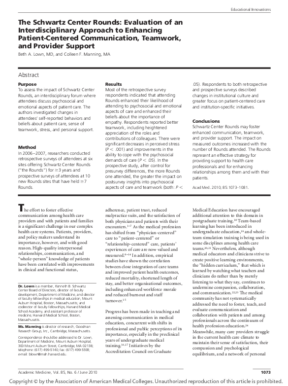 (PDF) The Schwartz Center Rounds: Evaluation of an Interdisciplinary ...