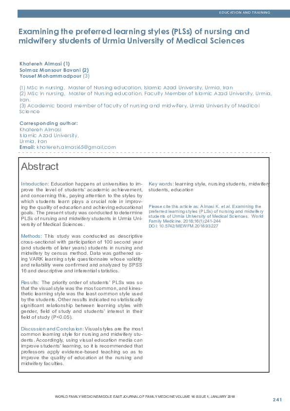 (PDF) Examining the Preferred Learning Styles (PLSs) of Nursing and ...