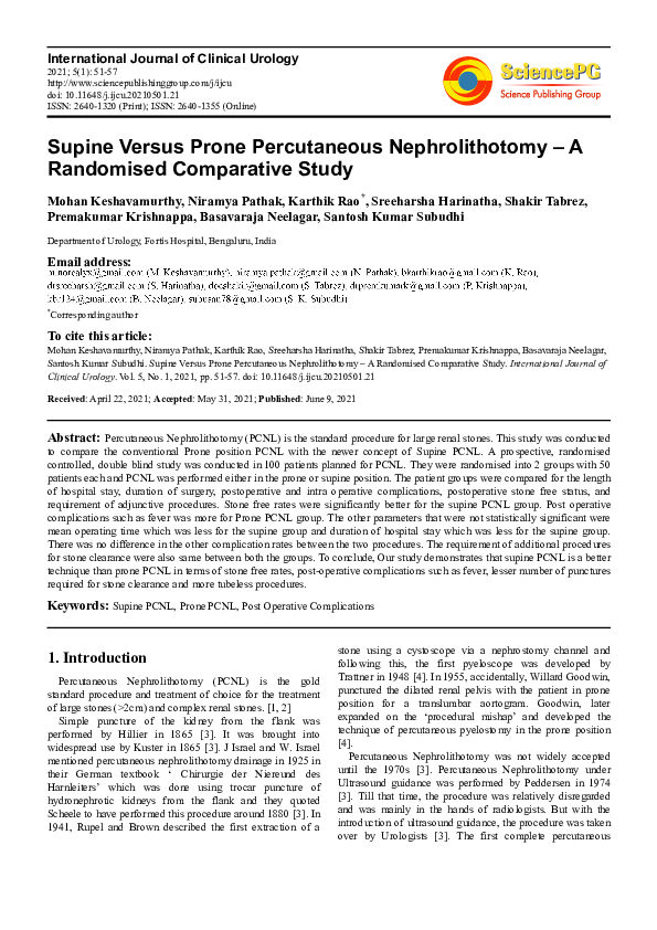 (PDF) Supine Versus Prone Percutaneous Nephrolithotomy – A Randomised ...