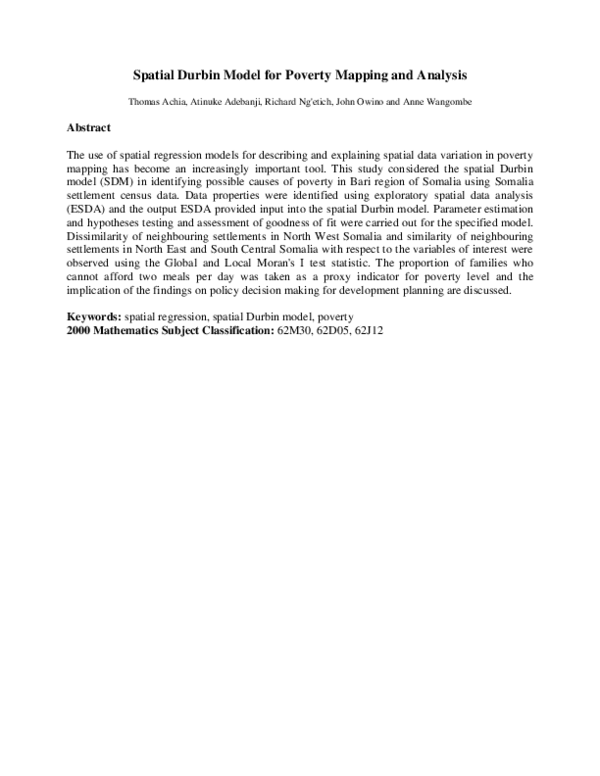 (PDF) Spatial Durbin Model for Poverty Mapping and Analysis