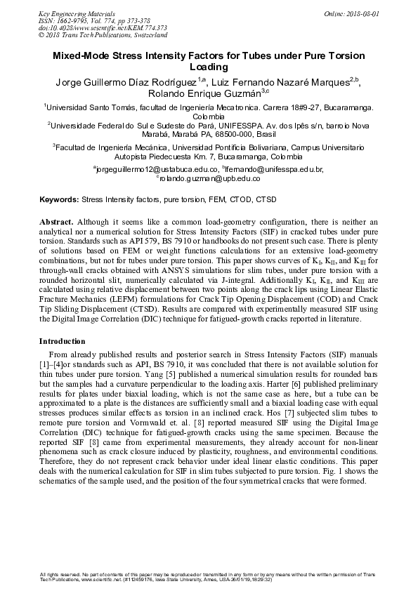 (PDF) Mixed-Mode Stress Intensity Factors for Tubes under Pure Torsion ...