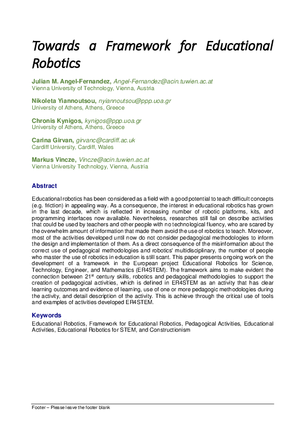 (PDF) Towards A Framework For Educational Robotics