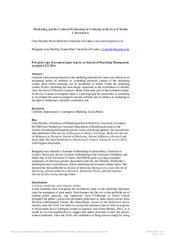 (PDF) Marketing and the cultural production of celebrity in the era of ...