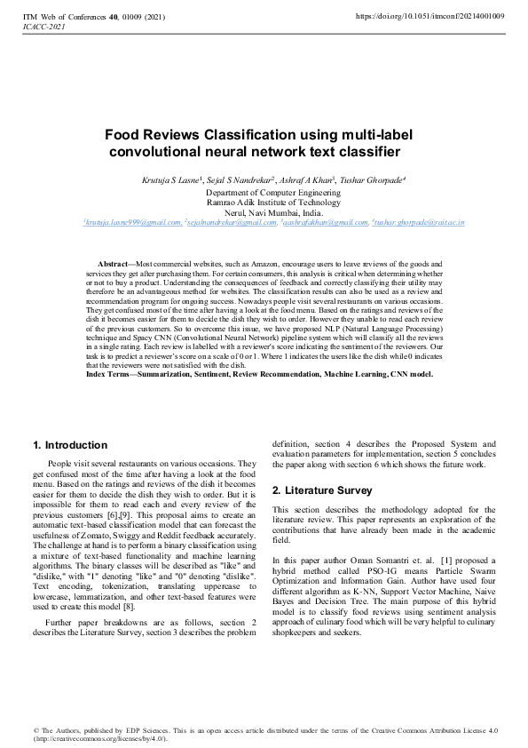 (PDF) Food Reviews Classification using multi-label convolutional neural network text classifier