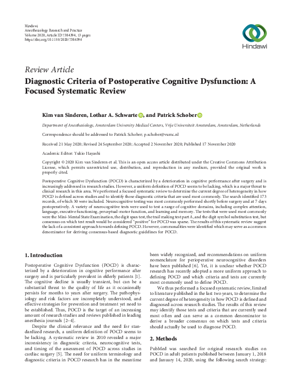 (PDF) Diagnostic Criteria of Postoperative Cognitive Dysfunction: A ...
