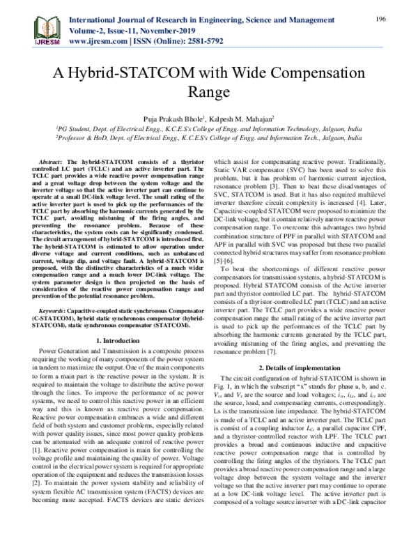 Pdf A Hybrid Statcom With Wide Compensation Range Kalpesh M Mahajan