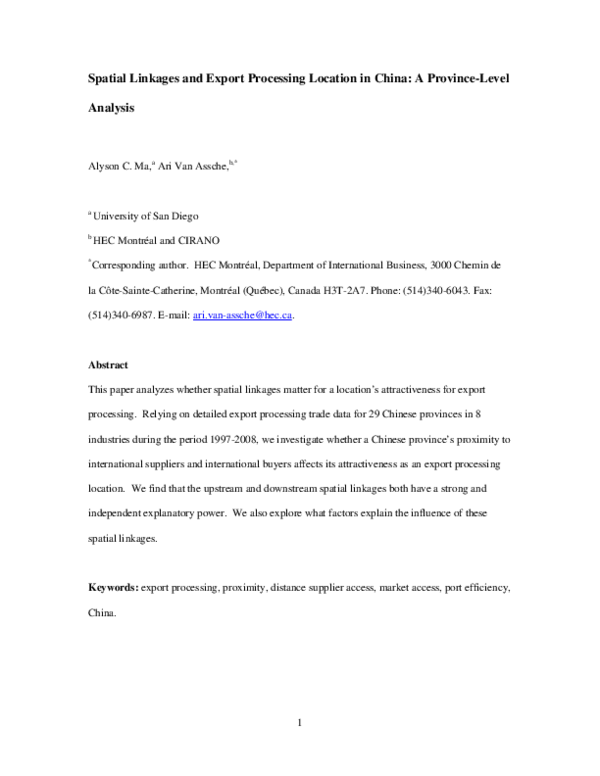 (PDF) Spatial Linkages and Export Processing Location in China
