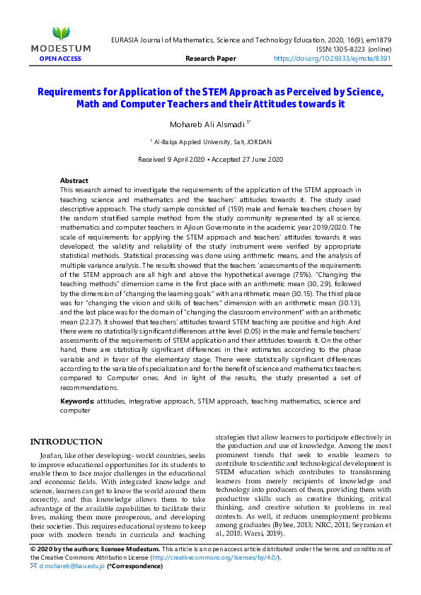 (PDF) Requirements for Application of the STEM Approach as Perceived by ...