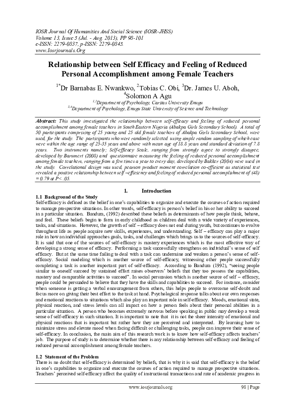 (PDF) Relationship between self efficacy and feeling or reduced ...