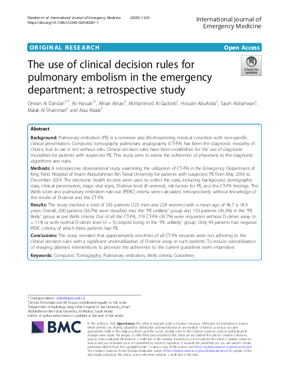 (PDF) The use of clinical decision rules for pulmonary embolism in the ...