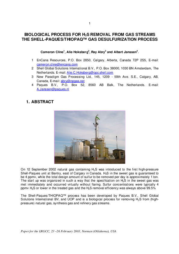 (PDF) Biological Process for H~ 2S Removal from Gas Streams: The Shell ...