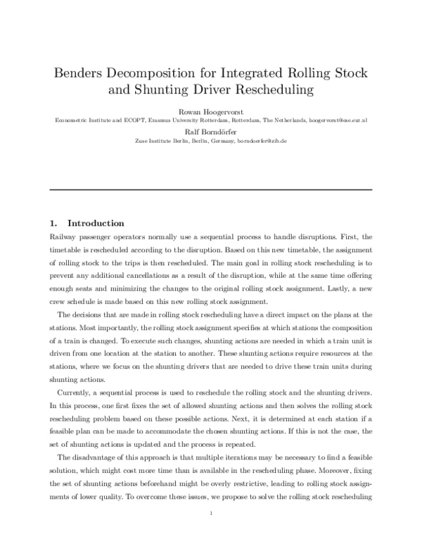 Pdf Benders Decomposition For Integrated Rolling Stock And Shunting