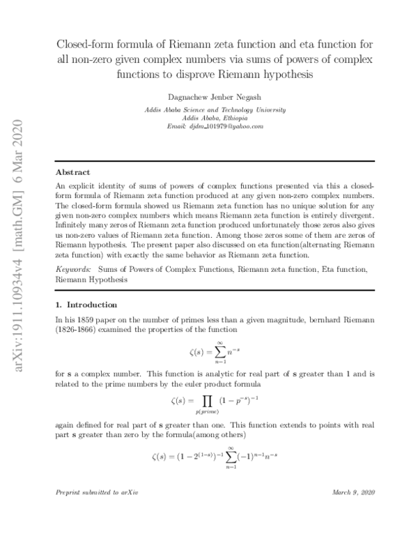 (PDF) Closed-form formula of Riemann zeta function and eta function for all non-zero given ...