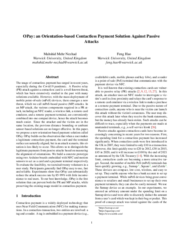 (PDF) OPay: an Orientation-based Contactless Payment Solution Against ...