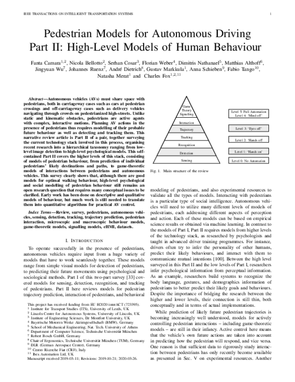 (PDF) Pedestrian Models for Autonomous Driving Part II: High-Level ...