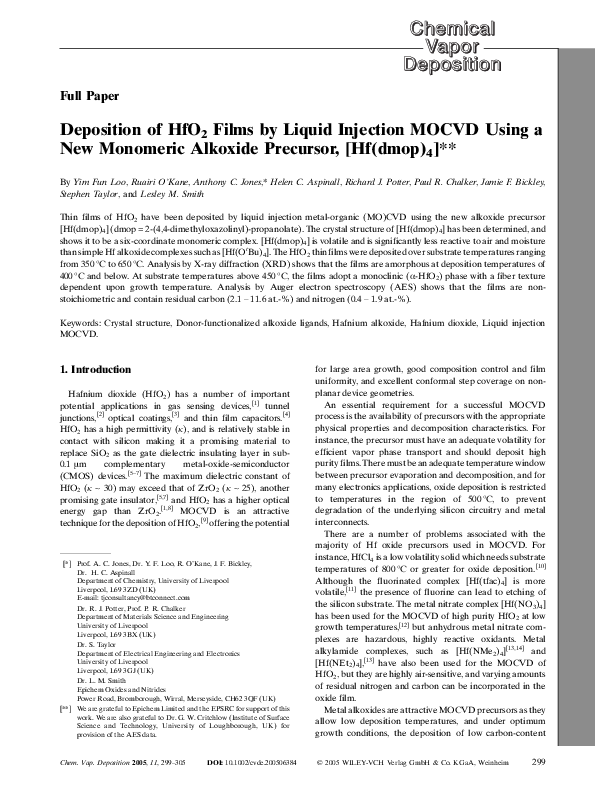 (PDF) Deposition of HfO2 Films by Liquid Injection MOCVD Using a New ...