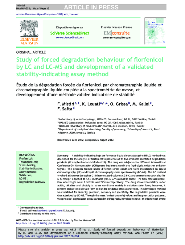 (PDF) Study of forced degradation behaviour of florfenicol by LC and LC-MS and development of a ...