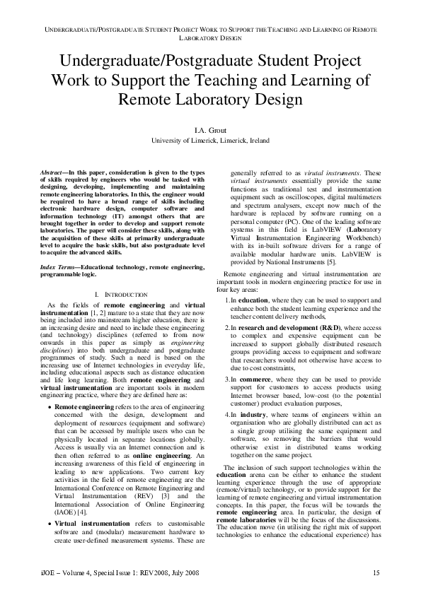 (PDF) Undergraduate/postgraduate student project work to support the ...