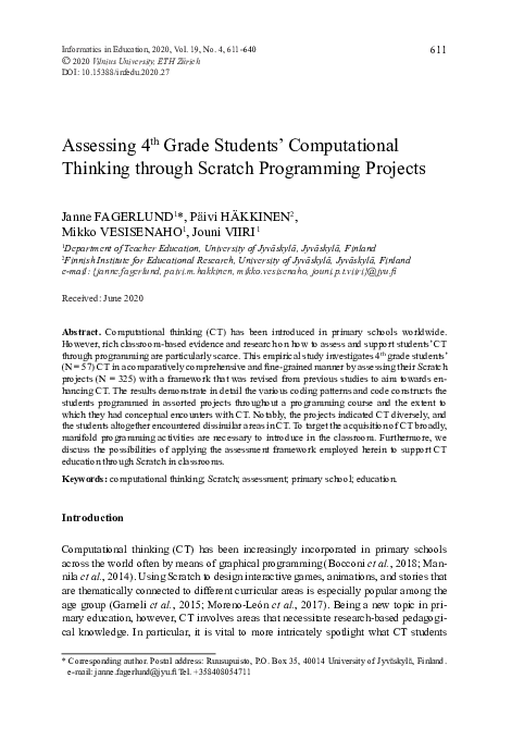 (PDF) Assessing 4th Grade Students' Computational Thinking through ... (PDF) Assessing 4th Grade Students' Computational Thinking through ...