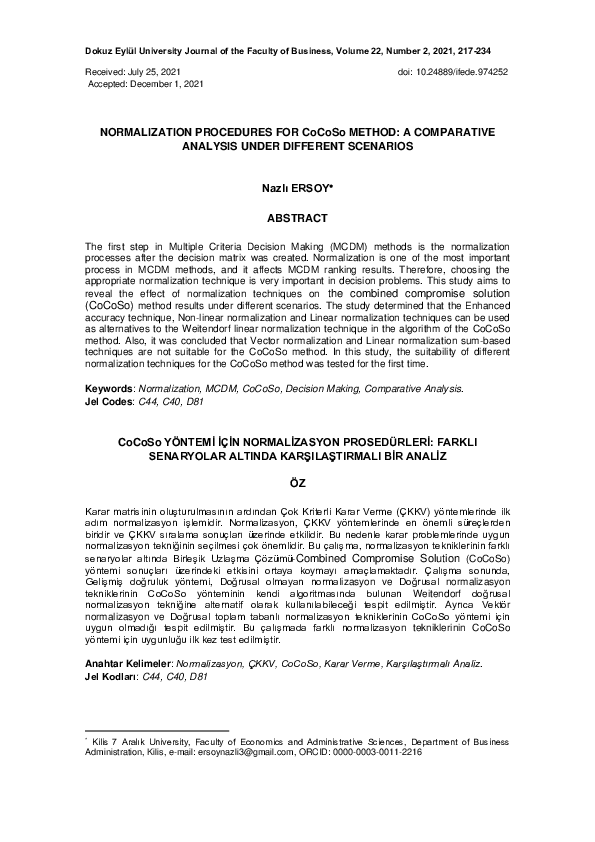 (PDF) NORMALIZATION PROCEDURES FOR CoCoSo METHOD: A COMPARATIVE ANALYSIS UNDER DIFFERENT SCENARIOS