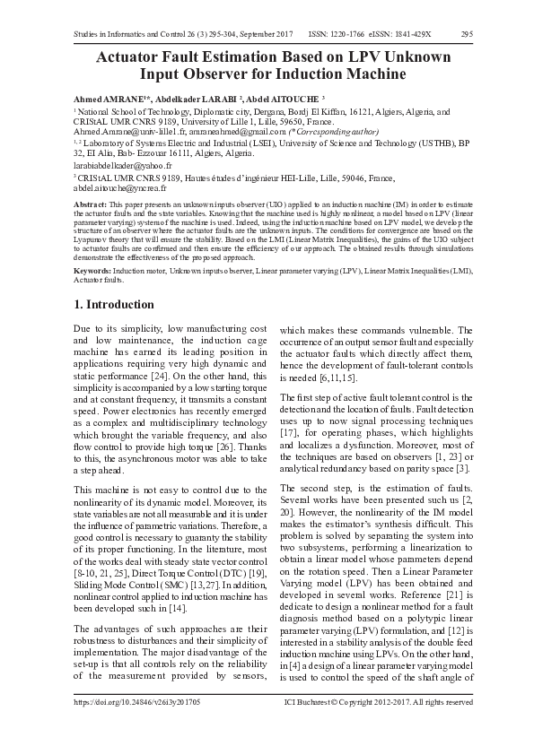 Pdf Actuator Fault Estimation Based On Lpv Unknown Input Observer For