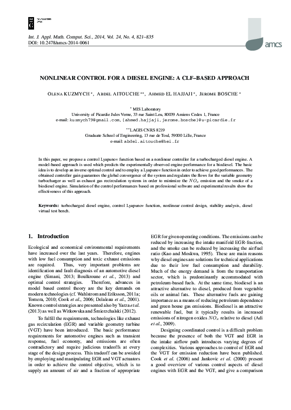 (PDF) Nonlinear control for a diesel engine: A CLF-based approach