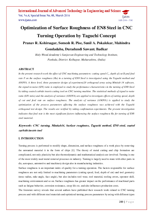 (PDF) Optimization of Surface Roughness of EN8 Steel in CNC Turning Operation by Taguchi Concept