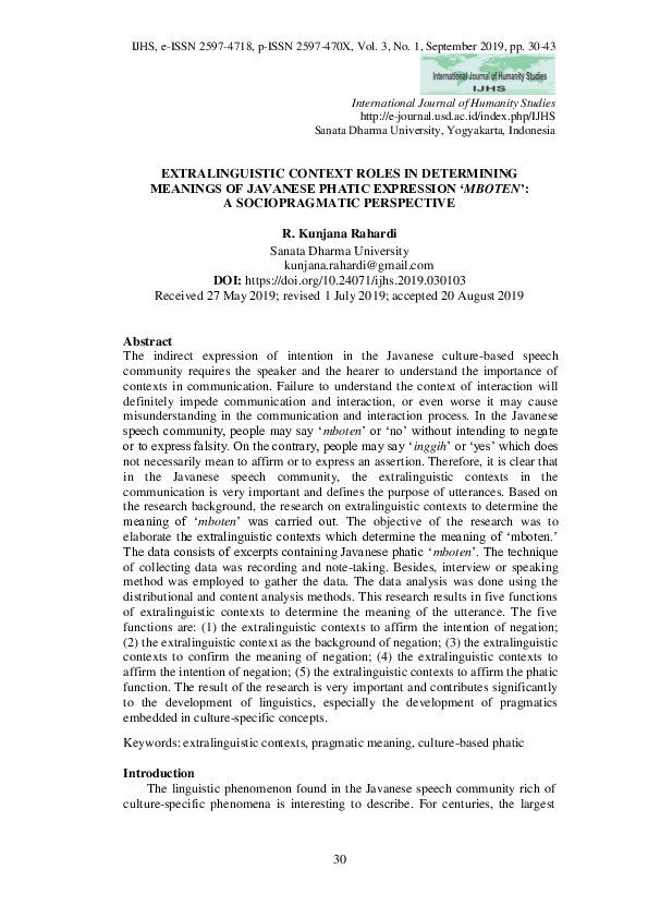 (PDF) Extralinguistic Context Roles in Determining Meanings of Javanese Phatic Expression ...