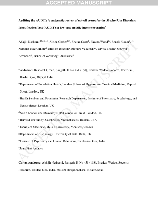 (PDF) Auditing the AUDIT: A systematic review of cut-off scores for the ...