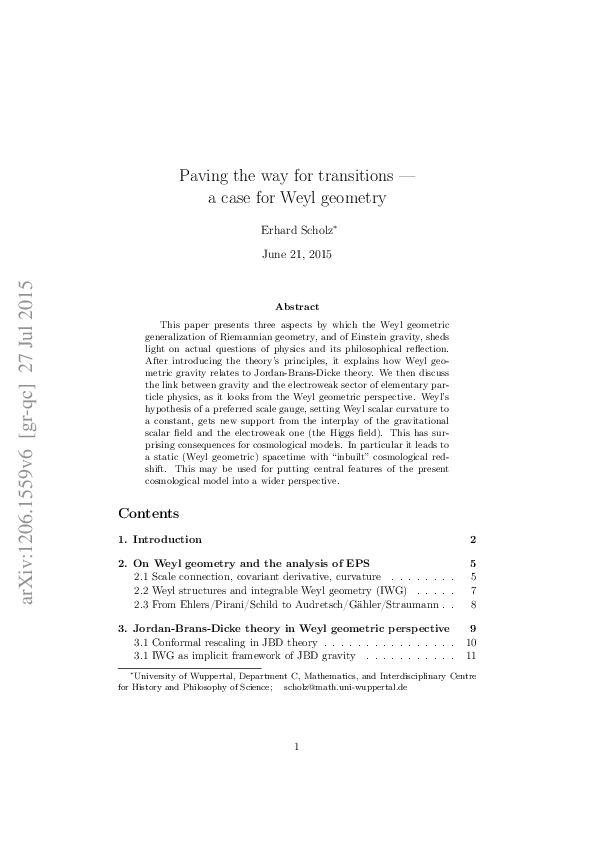 (PDF) Paving the way for transitions --- a case for Weyl geometry