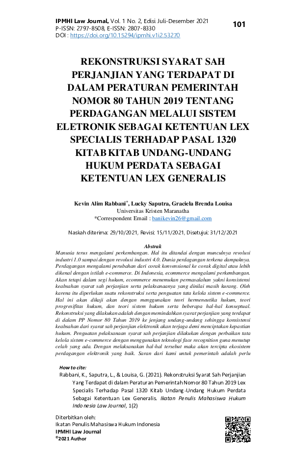 (PDF) Rekonstruksi Syarat Sah Perjanjian Yang Terdapat di dalam ...