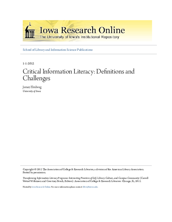 (PDF) Critical Information Literacy: Definitions and Challenges