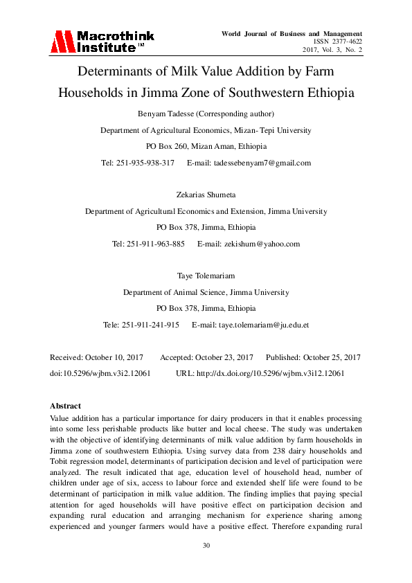 (PDF) Determinants of Milk Value Addition by Farm Households in Jimma ...