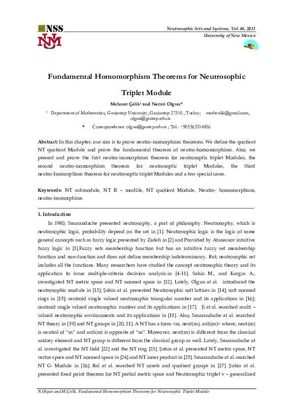 (PDF) Fundamental Homomorphism Theorems for Neutrosophic Triplet Module | Necati Olgun ...