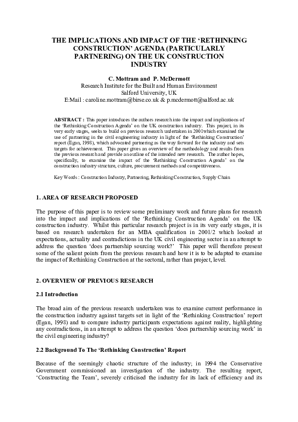 (PDF) The Implications and Impact of the ‘ Rethinking Construction ...