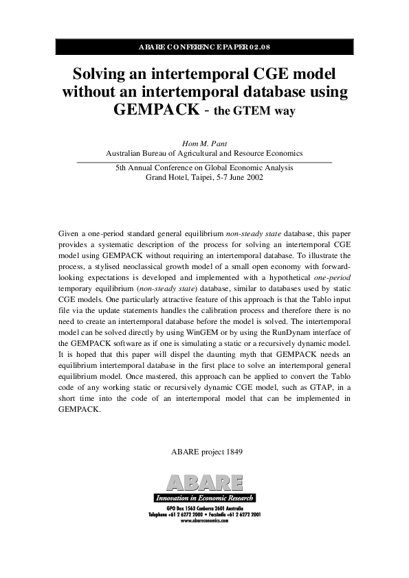 Pdf Solving An Intertemporal Cge Model Without An Intertemporal Database Using Gempack The 