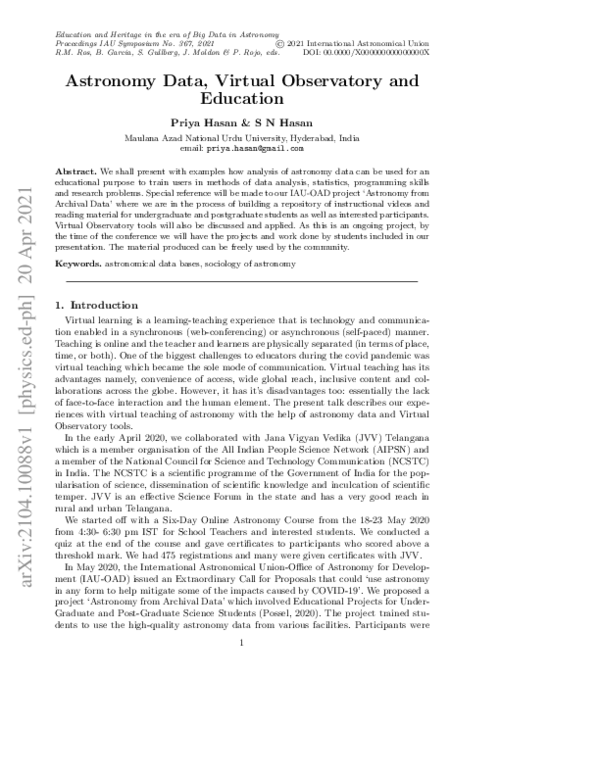 (PDF) Astronomy Data, Virtual Observatory and Education
