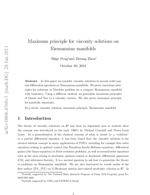 (PDF) Maximum principle for viscosity solutions on Riemannian manifolds