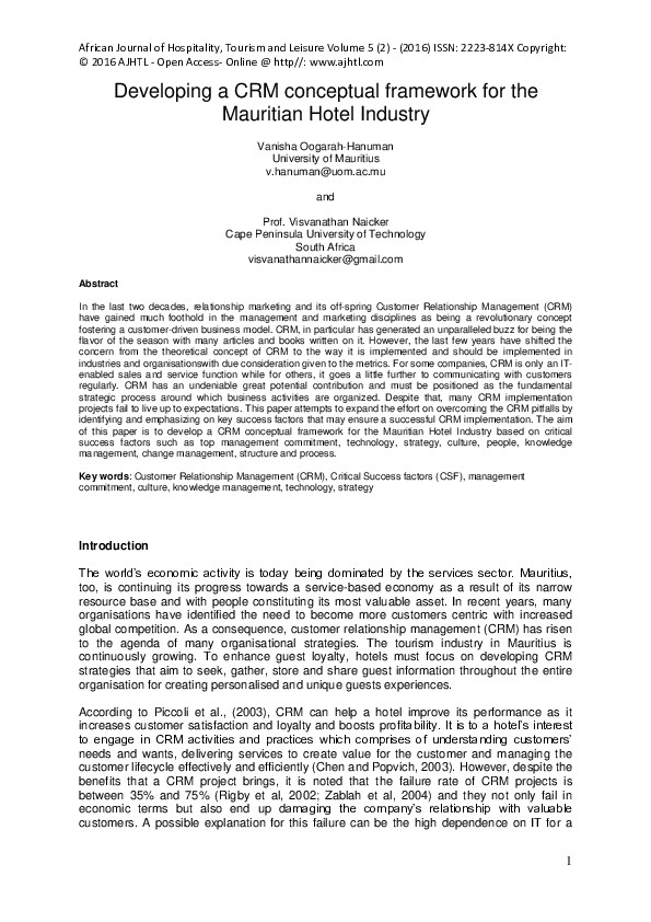 (PDF) Developing a CRM conceptual framework for the Mauritian Hotel ...