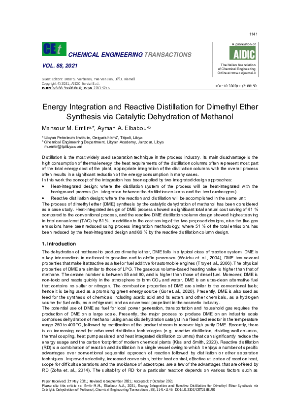 (PDF) Energy Integration and Reactive Distillation for Dimethyl Ether ...