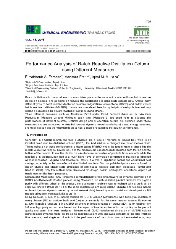 (PDF) Performance of Reactive Distillation Columns