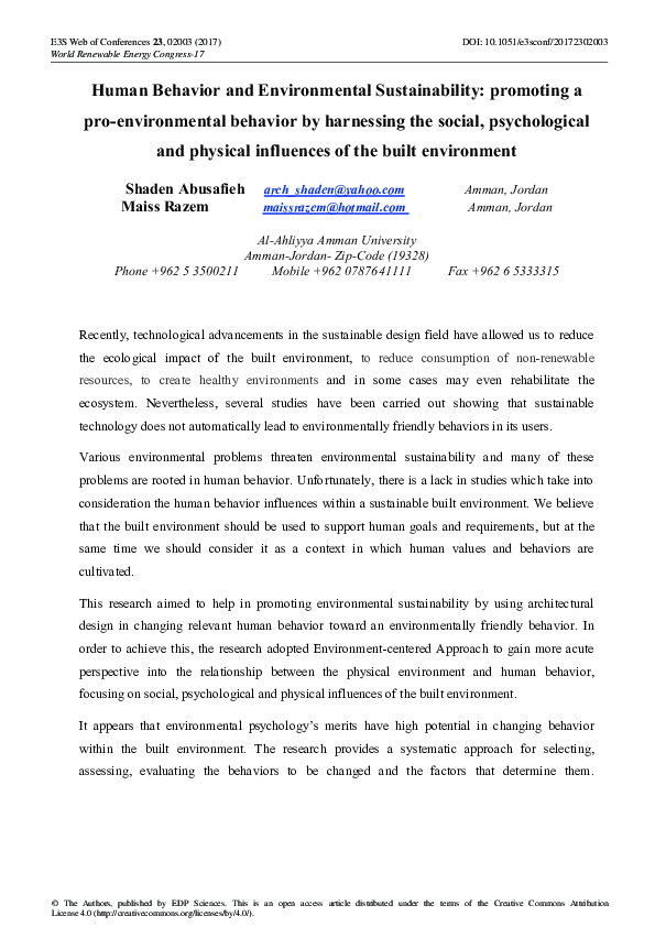 (PDF) ? Human Behavior and Environmental Sustainability: Problems ...