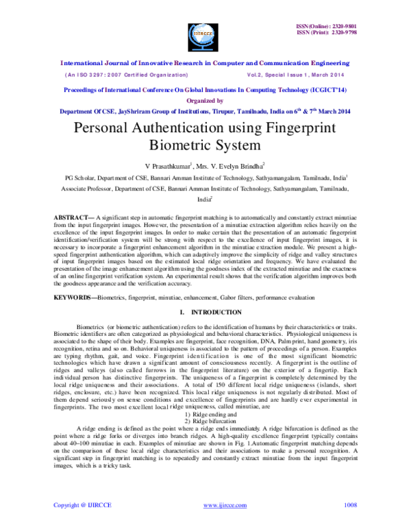 (PDF) Personal Authentication using FingerprintBiometric System