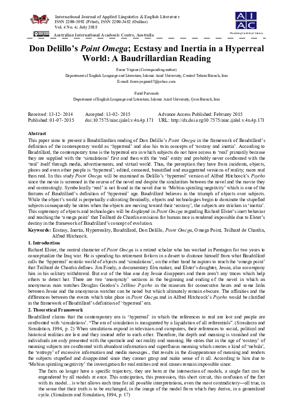 (PDF) Don Delillo’s Point Omega; Ecstasy and Inertia in a Hyperreal ...